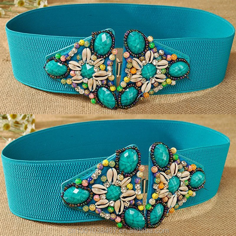 Ladies Wide Seashell Turquoise Elastic Belts Wide Crystal Rhinestone ...