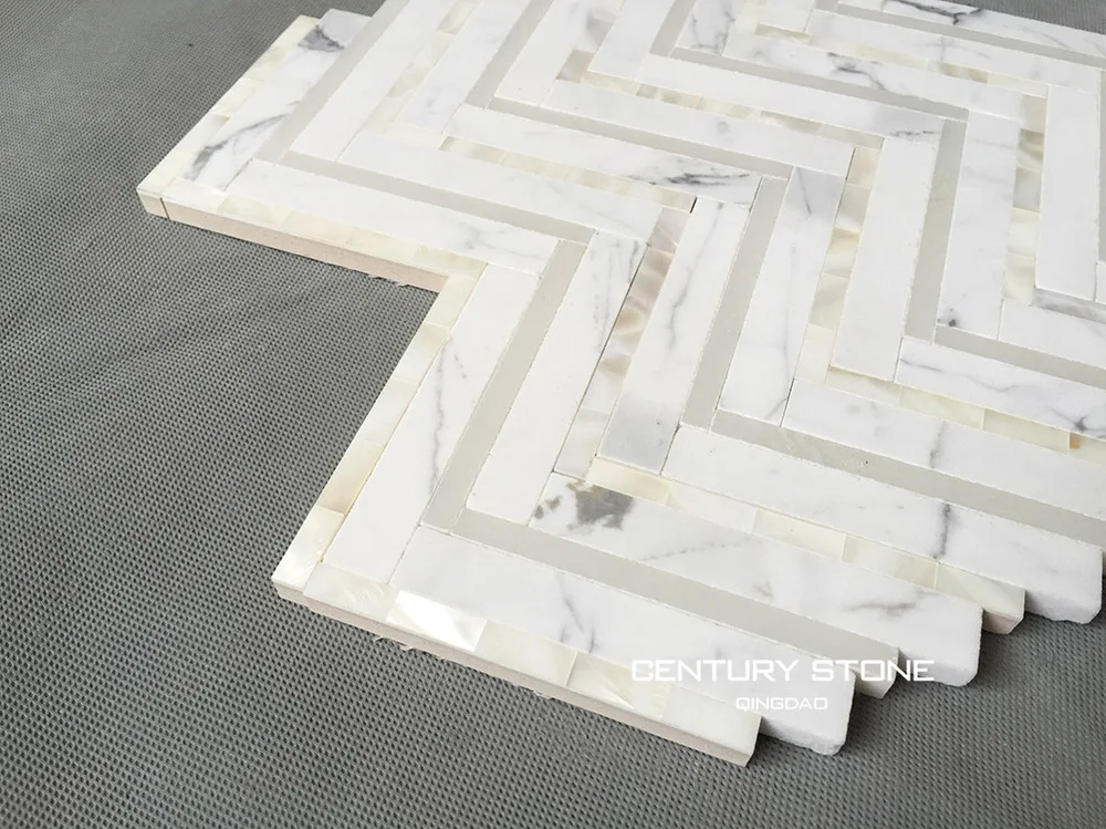 White Marble and Mother of Pearl Shell Chevron Mosaic Tile