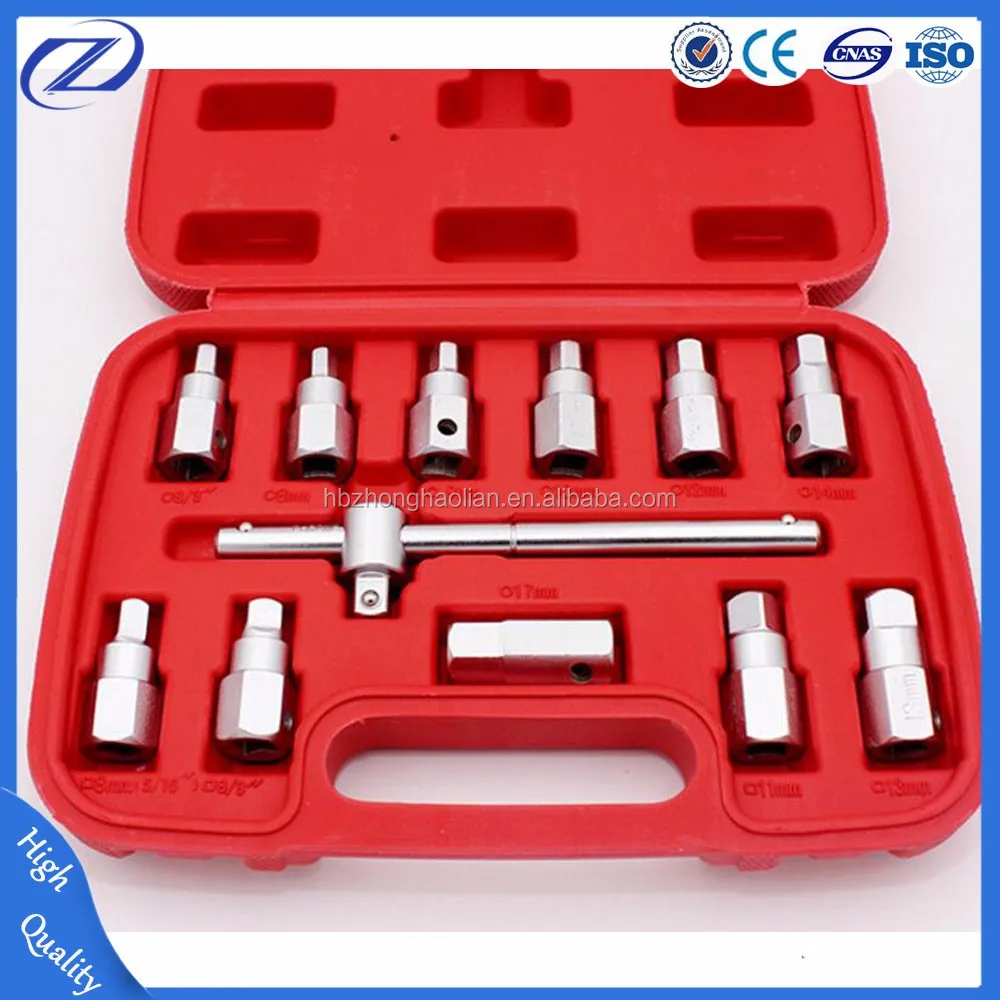 12PC Oil Drain Sump Plug Key Socket Set - Chrome Vanadium