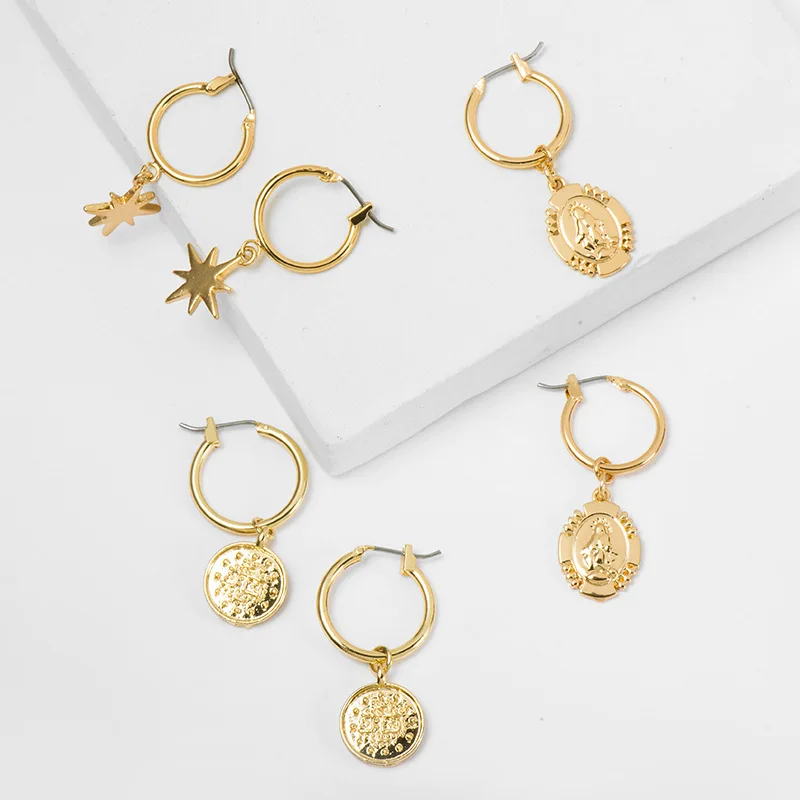 New Small Hoop Earrings Retro Geometric Round Shape Coin Charms Dangle ...