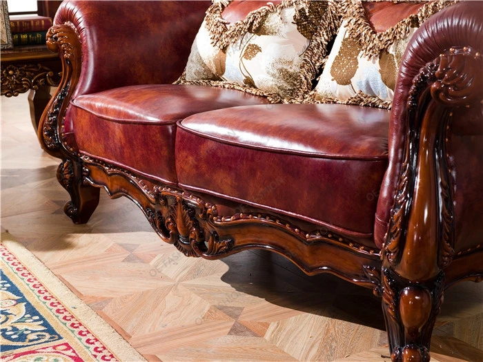 Wine Red Leather Sofa Set for Living Room - European Design, Solid Wood ...