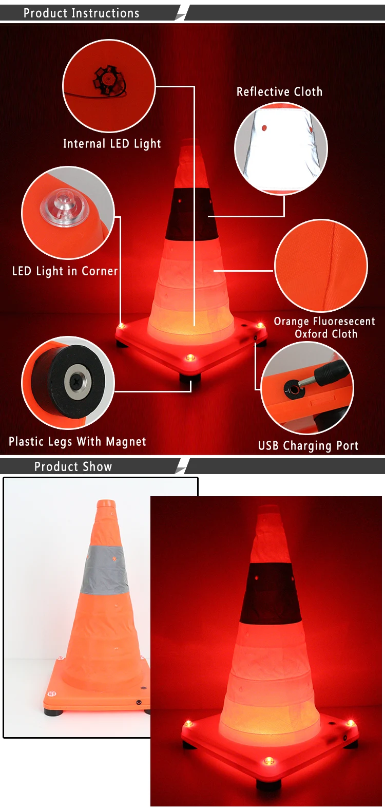 Orange Led Flashing Collapsible Traffic Cone For Outdoor Warning - Buy ...