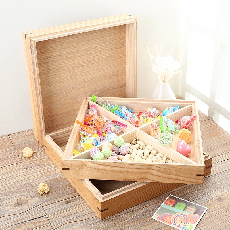 Custom Square Solid Wood Candy Box With Lid 4 Compartments Wooden Nuts ...