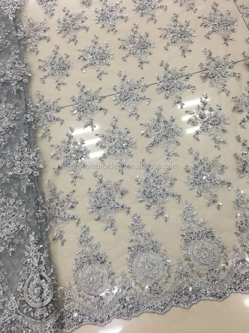High Quality Metallic Machine Embroidery Grey Beaded Lace Tulle Fabric ...
