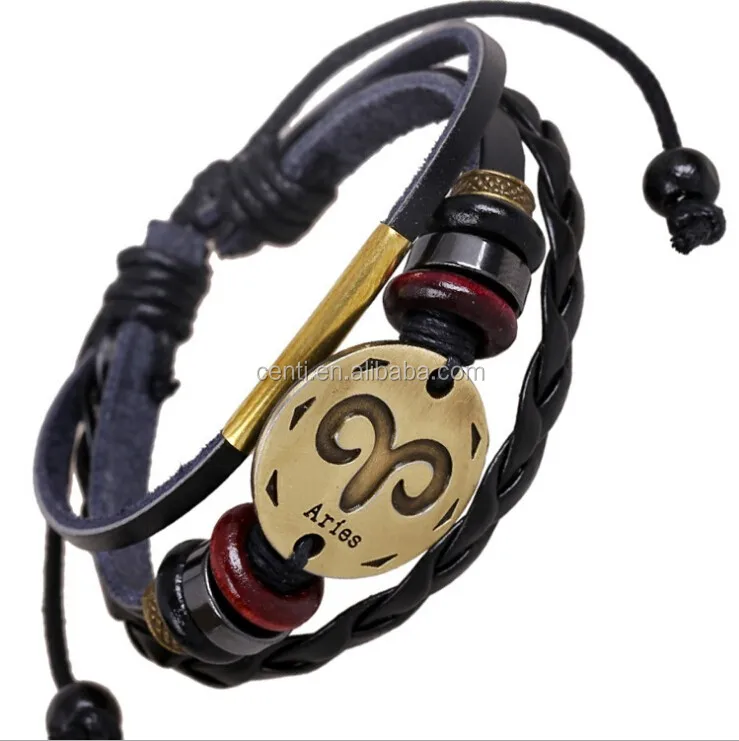 Handmade Adjustable Horoscope Zodiac Sign Logo Plate Leather Bracelet