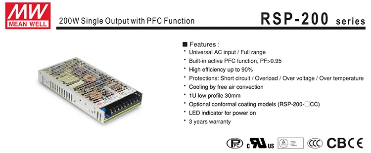 Rsp-200-12 Meanwell Module 13.5v 15v 27v 36v 48v 220 Ac To 5v Dc Pfc ...