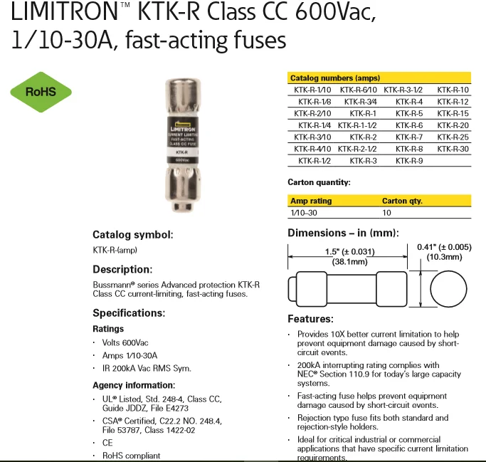 600v Class Cc Fast Acting Supplemental Fuse Ktk-r Ktk Fuse Car ...