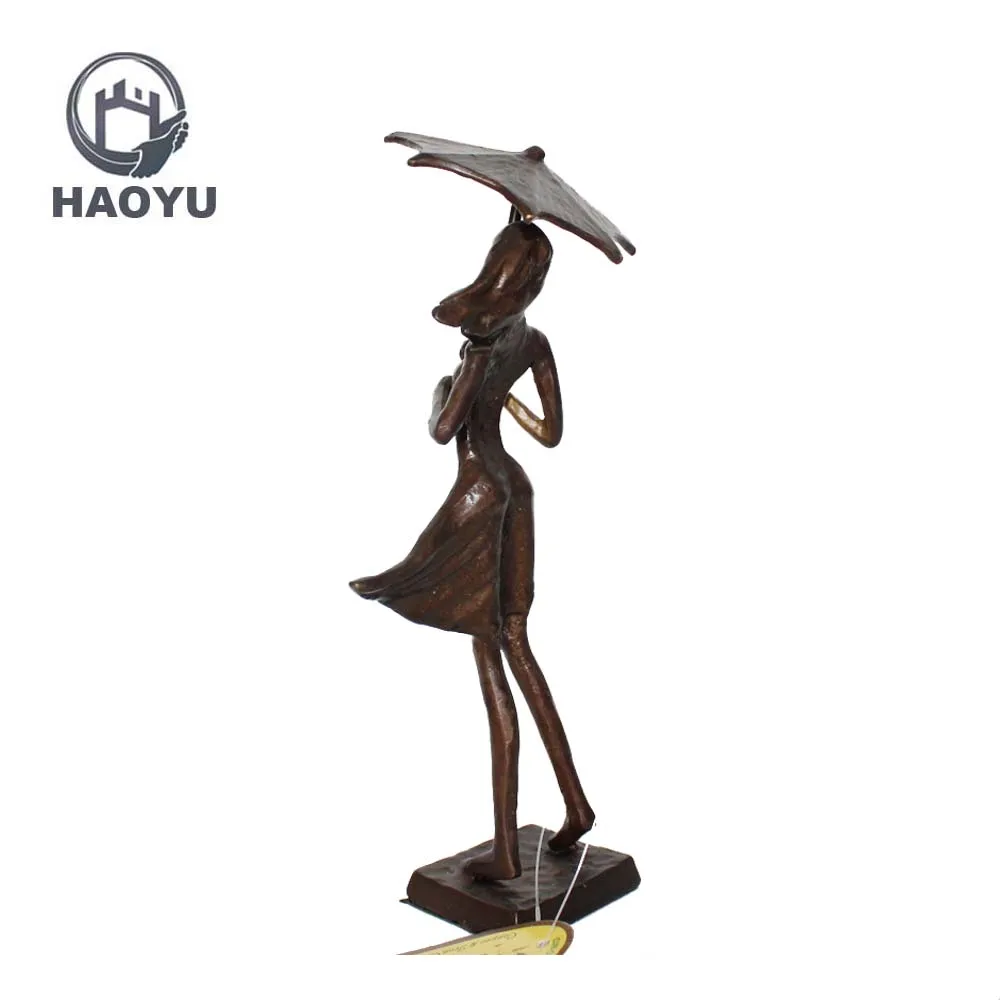 A Girl with Umbrella in Wind Cast Iron Sculpture for Home