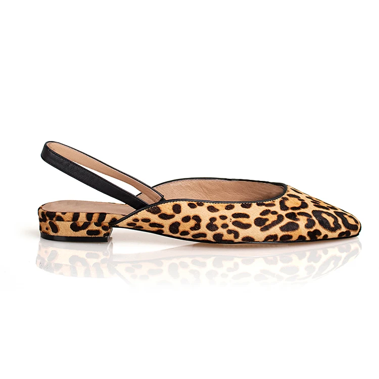 Flat Slingback Women Shoes - Leopard Print & Genuine Leather