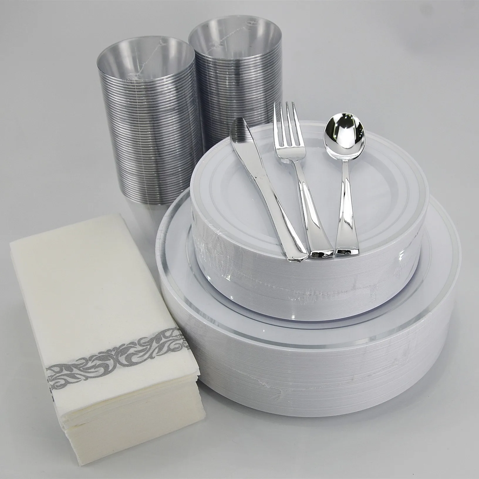 100 Guests Disposable Silver Dinnerware Set for Wedding