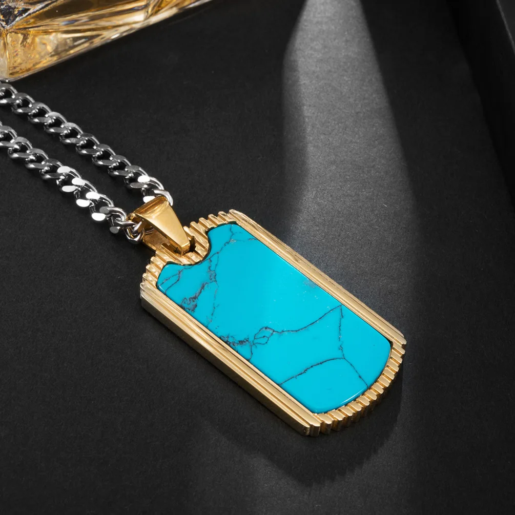 Simple Stainless Steel Mens Turquoise Dog Tags Pendant