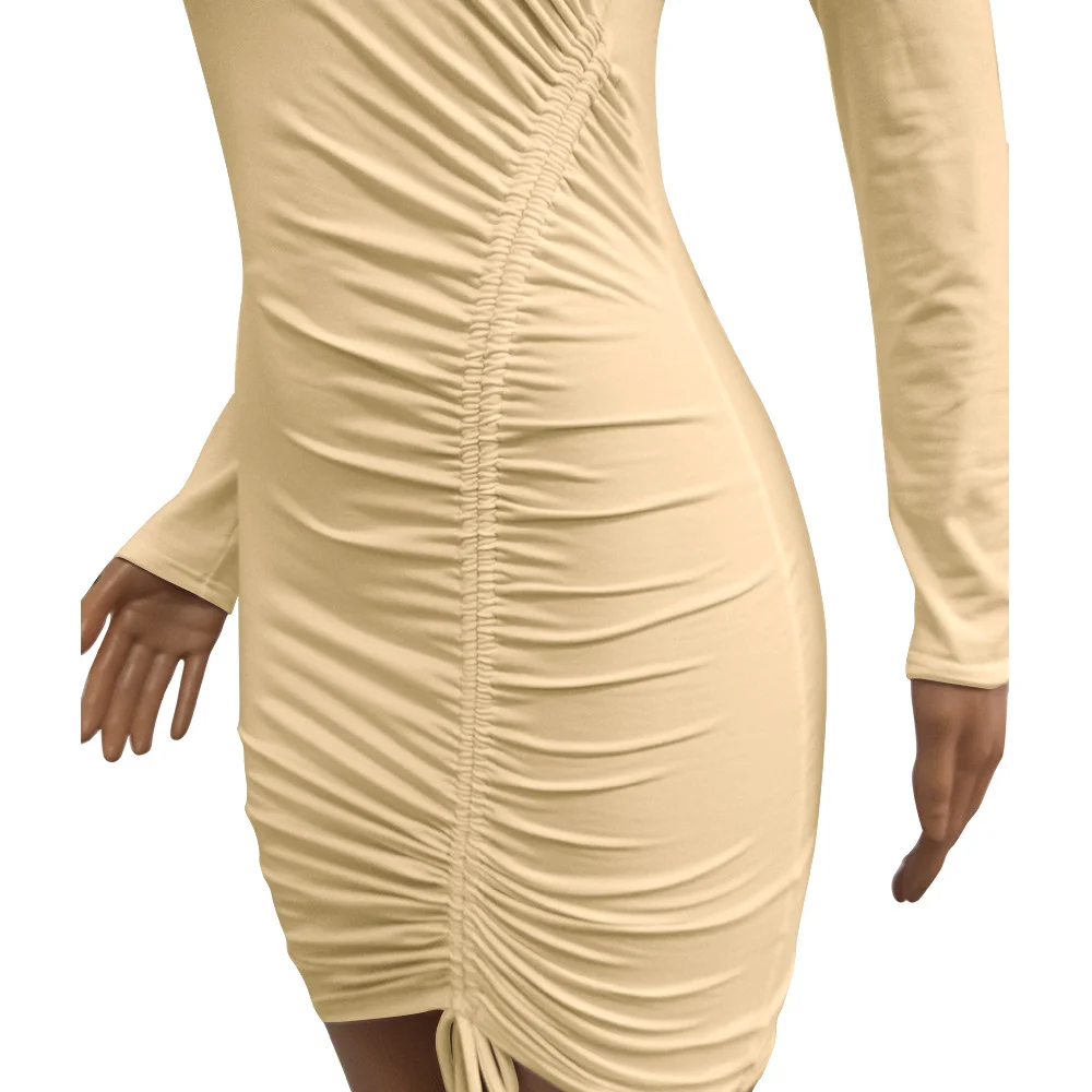 Woman Party Night Sexy Ruched Bodycon Mini Dress Women Clothes Long Sleeve O Neck Lace Up Draped ...