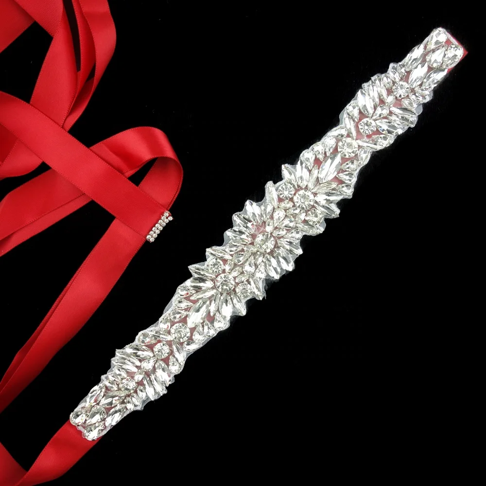 Stunning Silver Rhinestone Trim Red Ribbon Handmade Beaded Bridal Belt ...