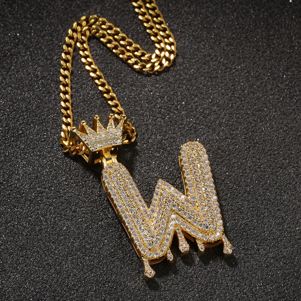 Trendy Iced Out Crown Letter Water Drip Pendant Gold Chain