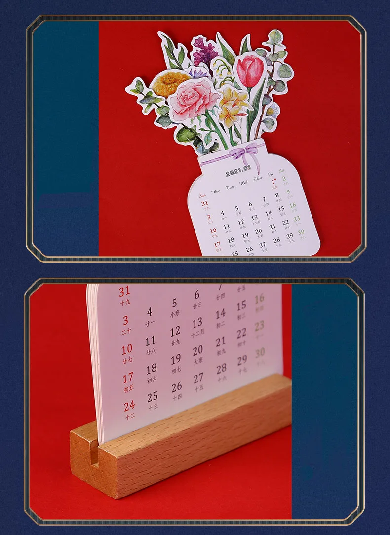 Customized Unique Design Desk Calendar with Wooden Base