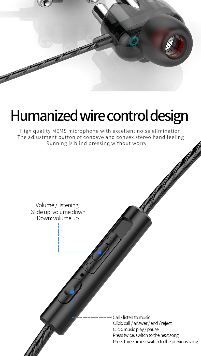 New Design Dual Core Dual Speakers In-ear Music Sports Wire Headset ...