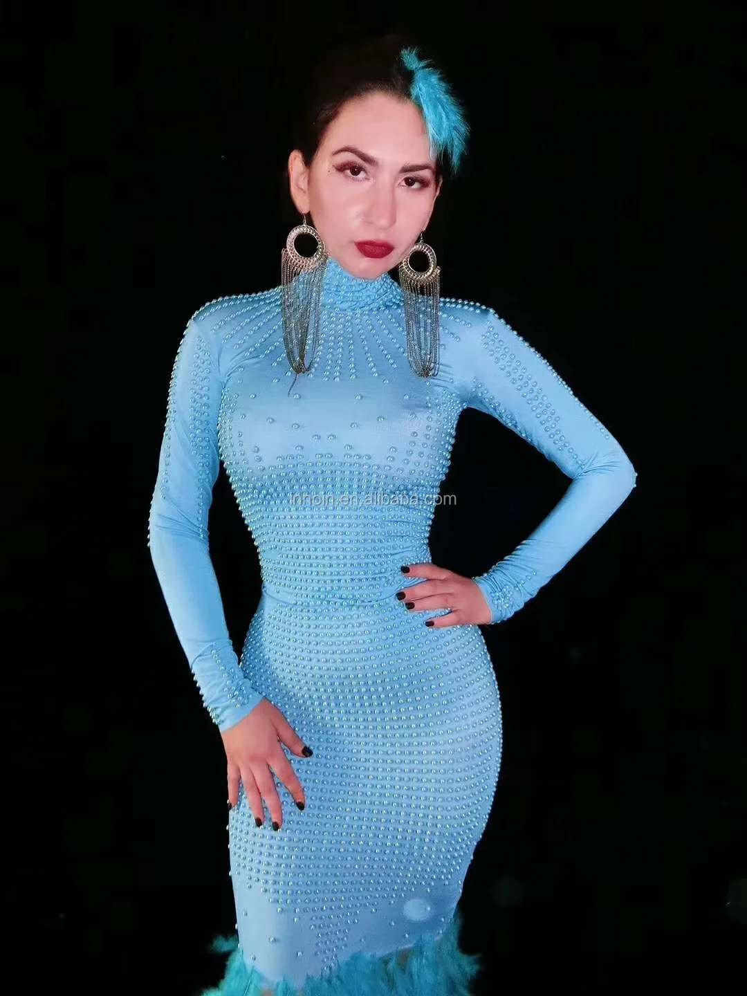 Singer Stage Dance Costume Ballroom Perform Blue Pearl Evening Long ...