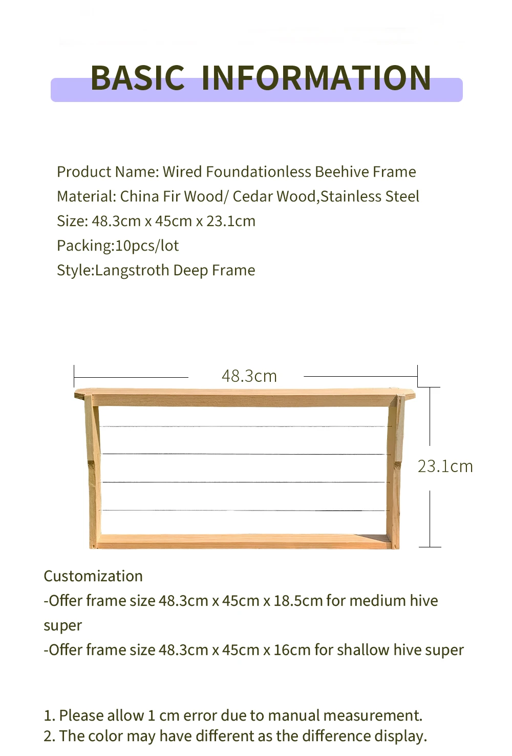 Langstroth Wood Deep Wired Foundationless Honey Beehive Frame ...
