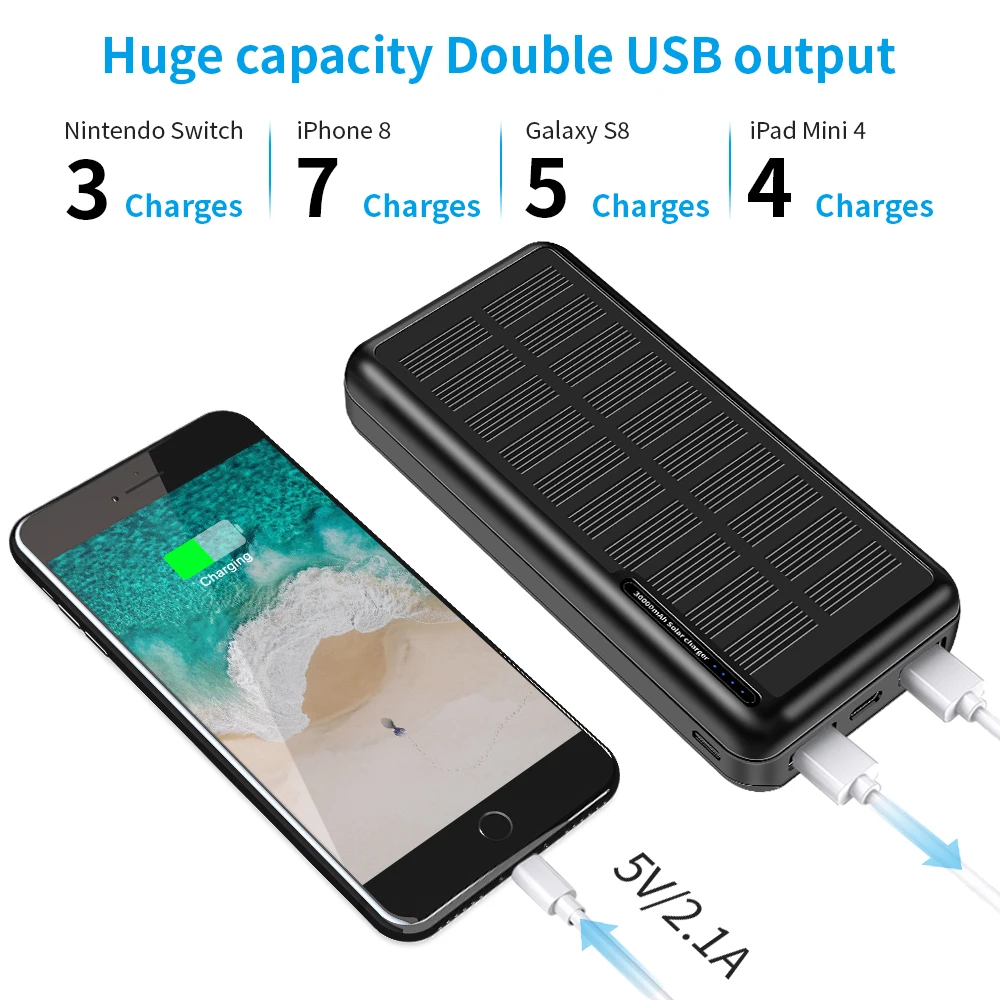 30000mah Rechargeable Battery Dual Usb Portable Solor Power Bank Solar ...
