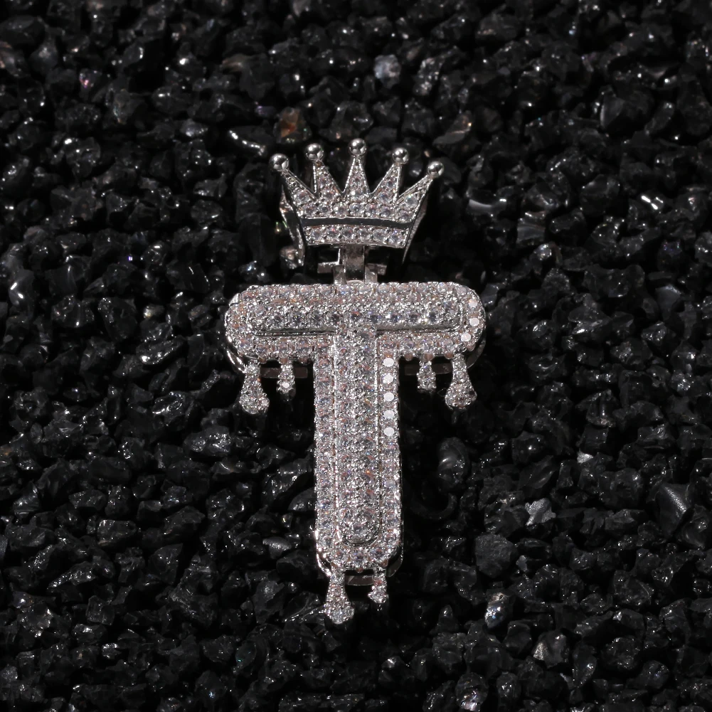 Trendy Iced Out Crown Letter Water Drip Pendant Gold Chain
