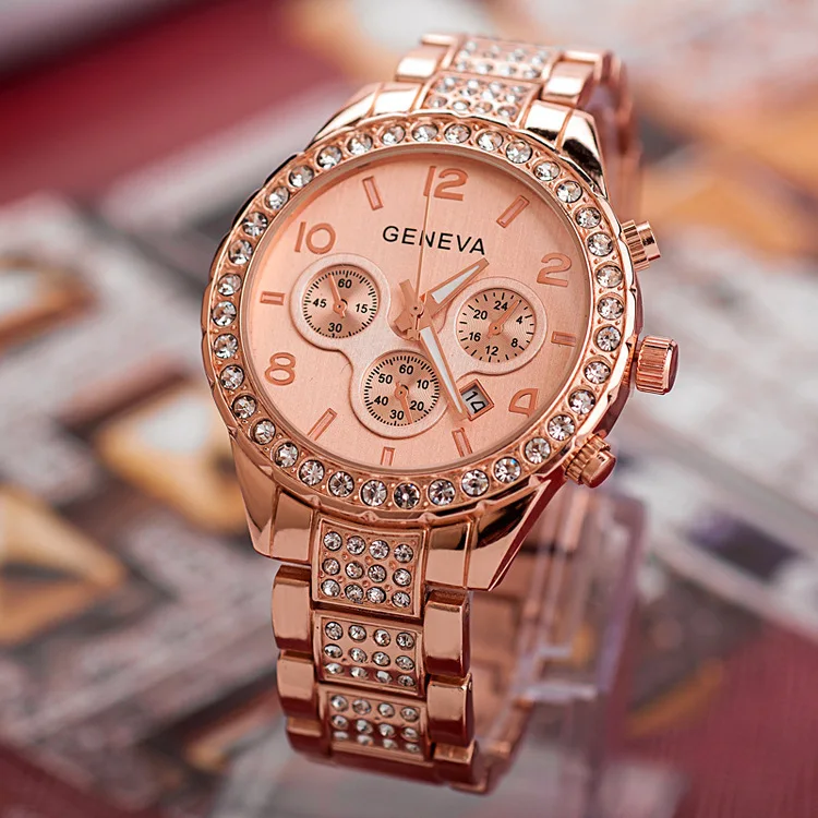 Stainless Steel Back Chronograph Quartz Diamond Gold Geneva Watch Women ...