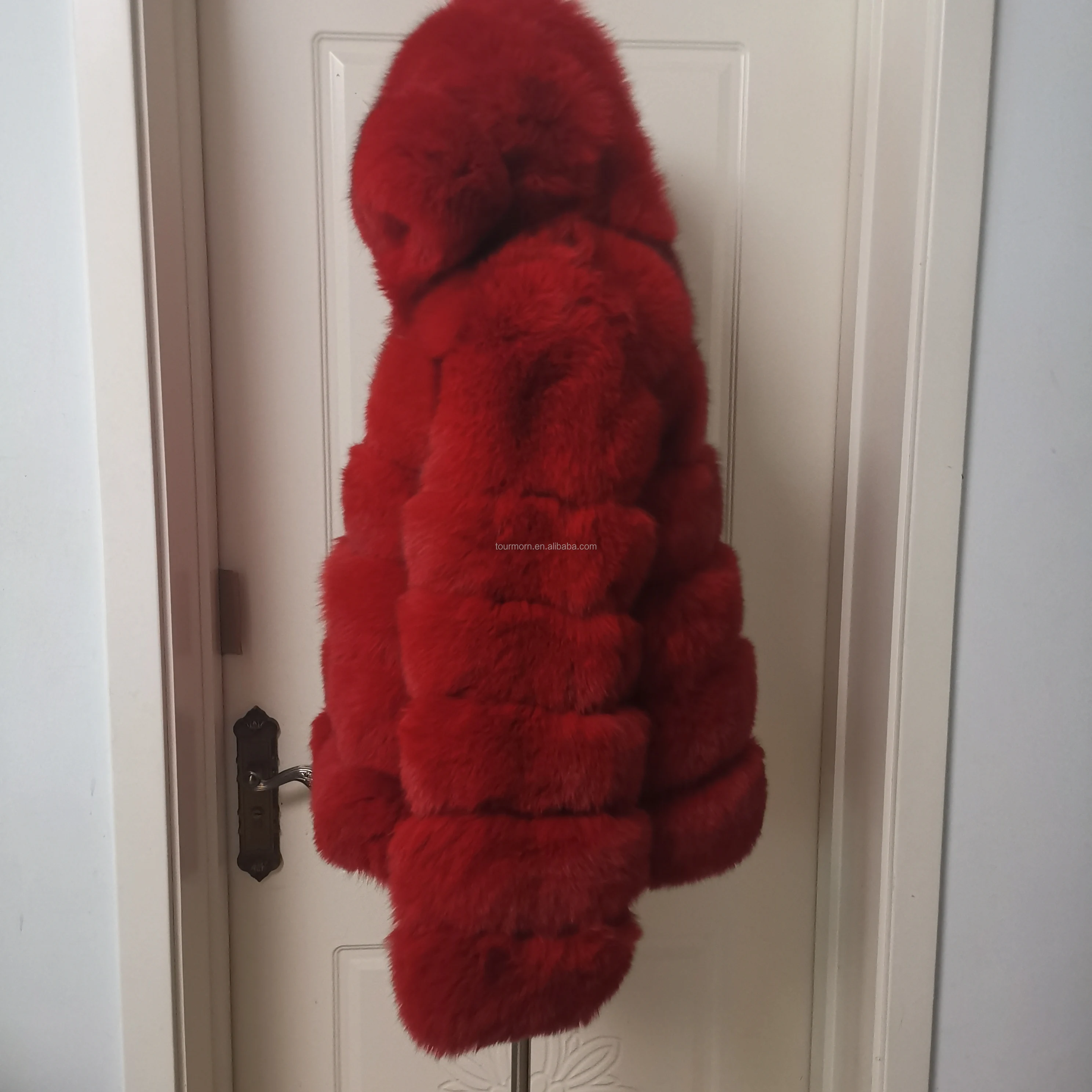 2020 Custom Hot Red Color Fox Fur Coat With Hood Or With A Collar ...