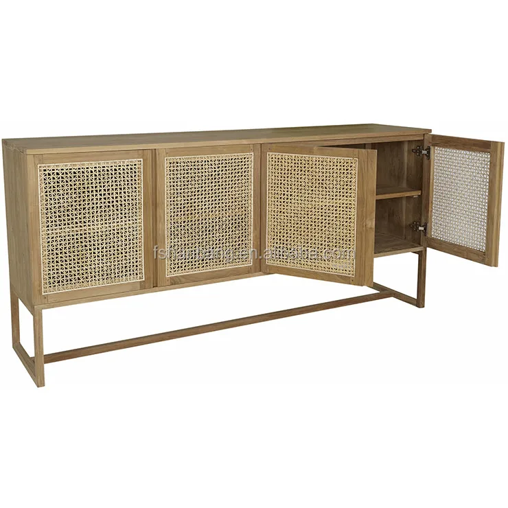 Modern 4 Door Cane Rattan Sideboard Buffet For Dining Room Oem