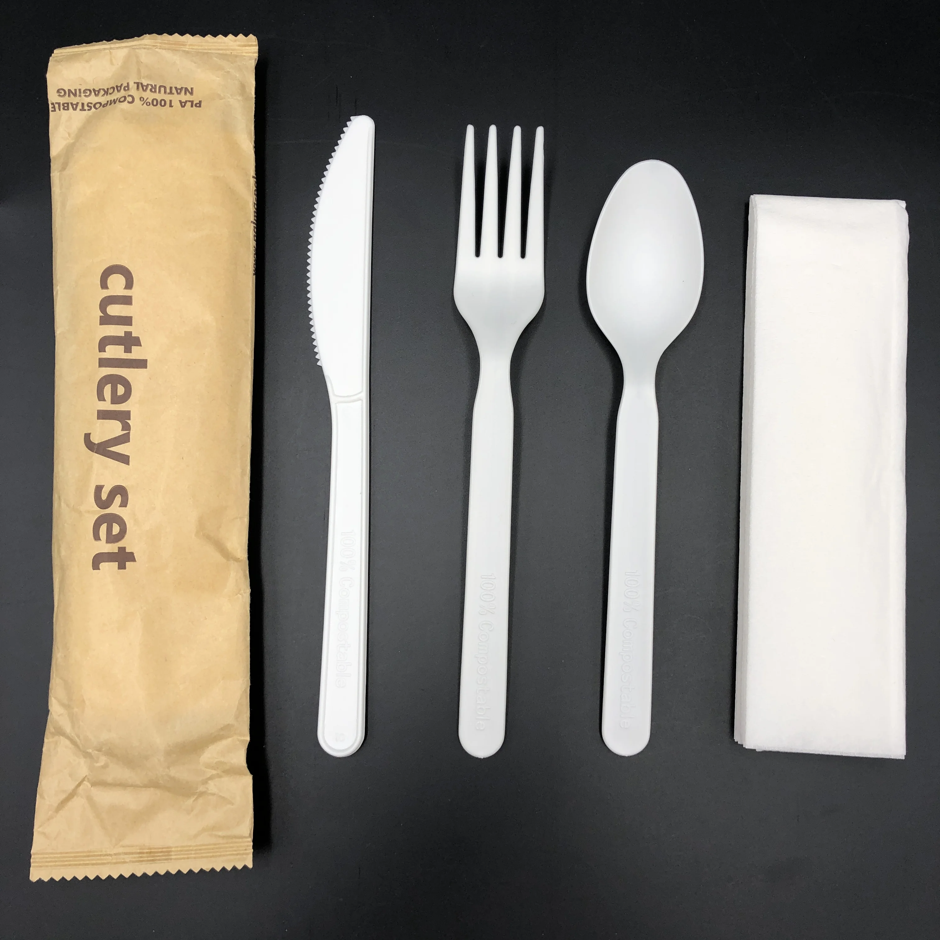 Eco Friendly Recycling Luxury Knife Fork Napkin Spoon Travel Set 7'' Disposable 100% Compostable ...