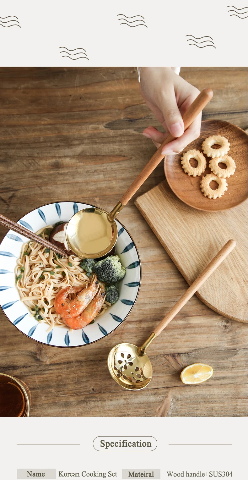 Korean Cooking Utensils Wooden Handle Stainless Steel Soup Spoon and ...