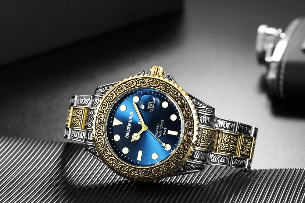 Golden Hour Brand Fashion Men Wrist Watches Alloy Vintage Print Male ...