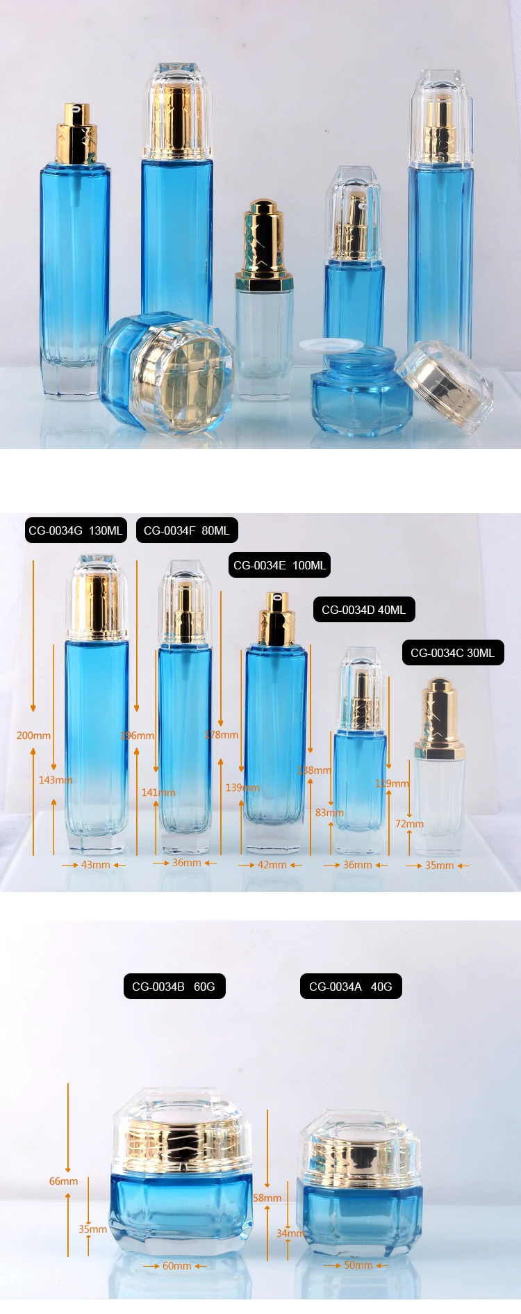 Blue Cosmetics Transparent Packaging Set 40g 40ml 100ml 130ml Spray ...