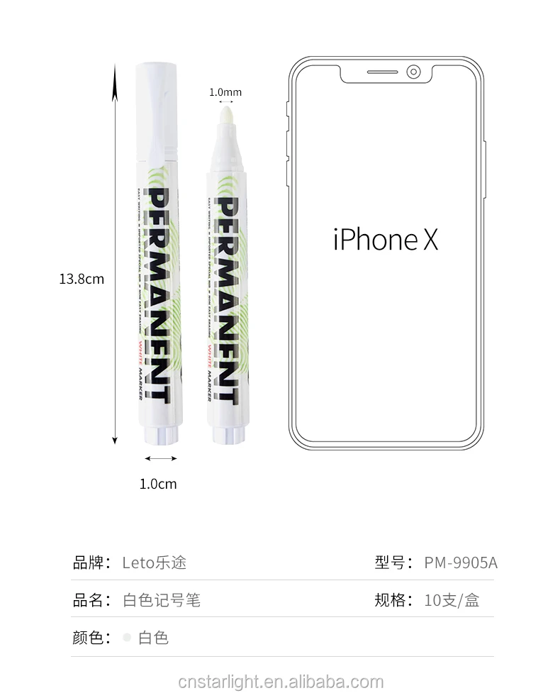 Leto White Permanent Marker Pen - Medium Point - Pack of 10