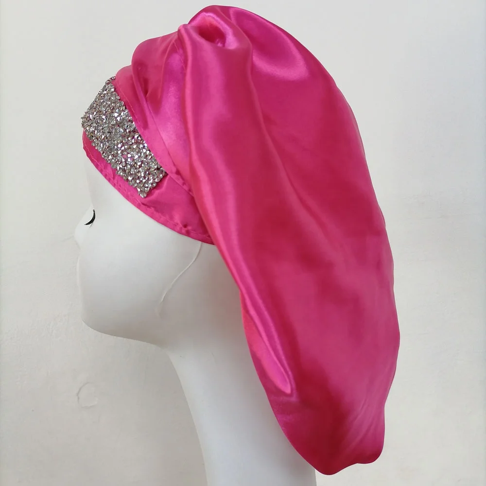Bling Adjustable Silk Bonnets For Curly Natural Hairs Rhinestone ...