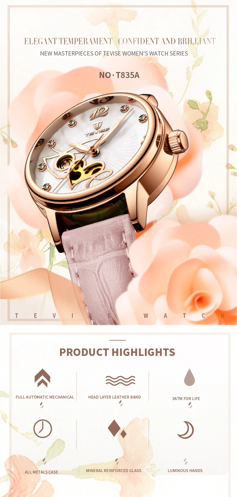 Tevise Fancy Ladies Watch - Luxury Mechanical Rhinestone