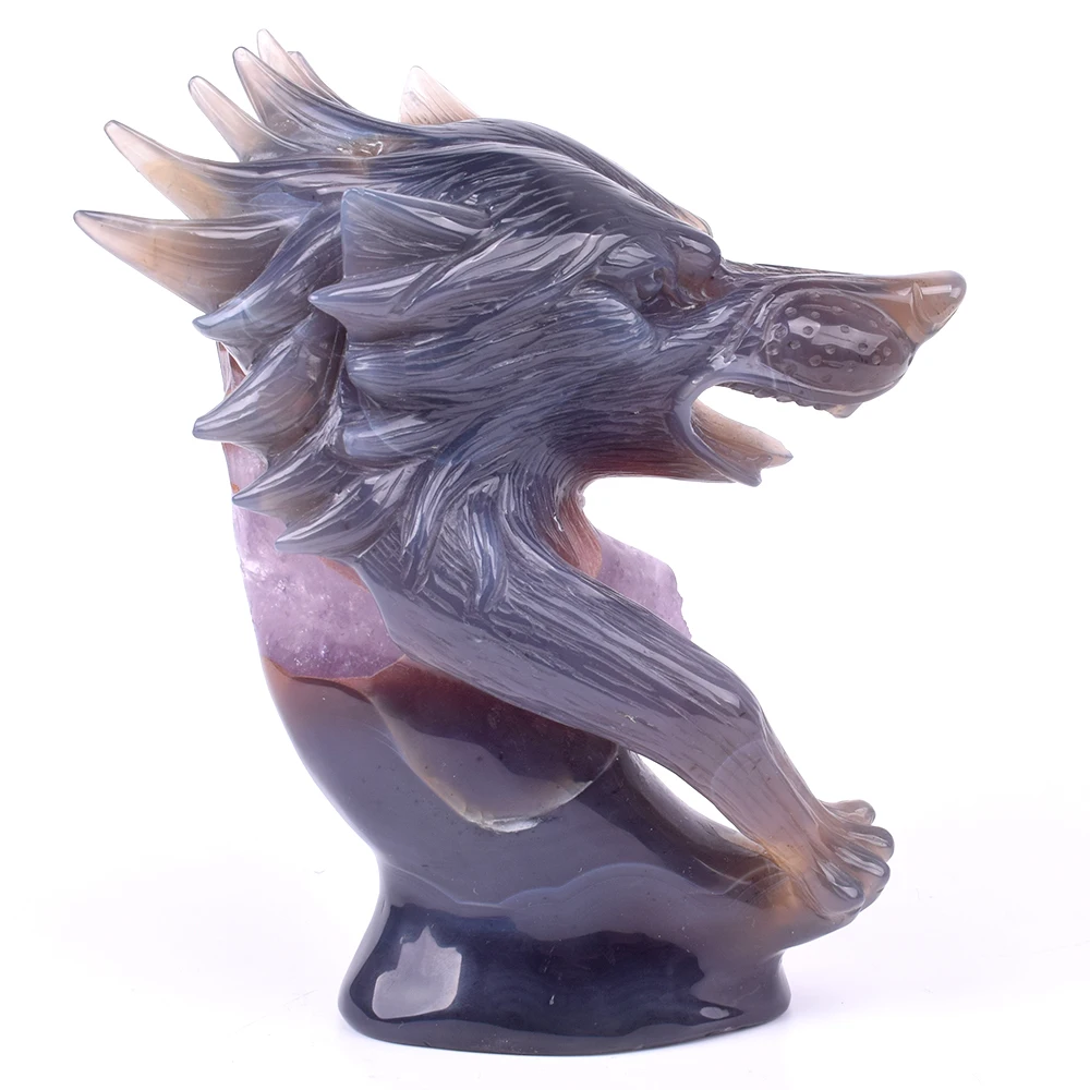 Exquisite Hand Carved Agate Amethyst Geode Carved Statue Crystal Wolf ...