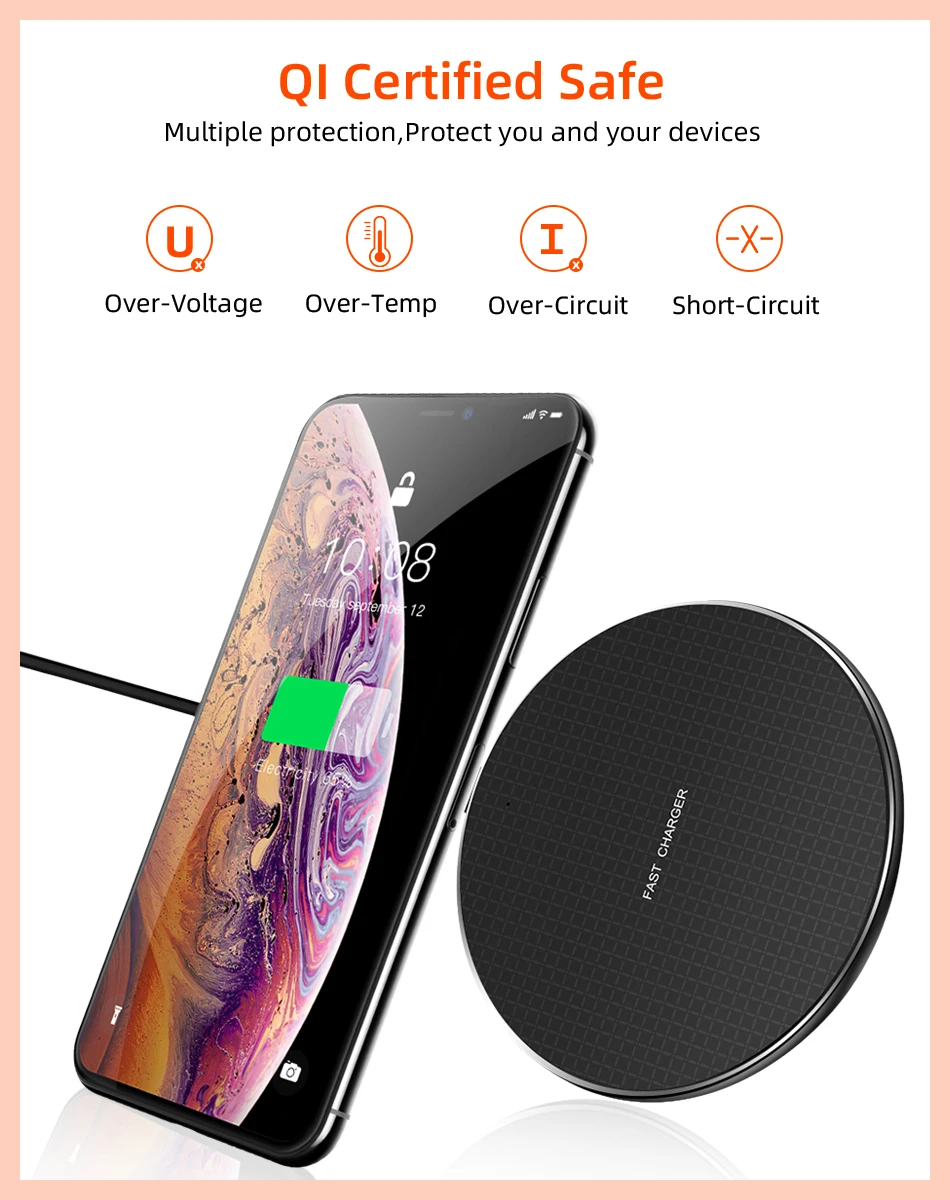 Qi Wireless Fast Charging - 10W Portable Charger for Iphone & Samsung
