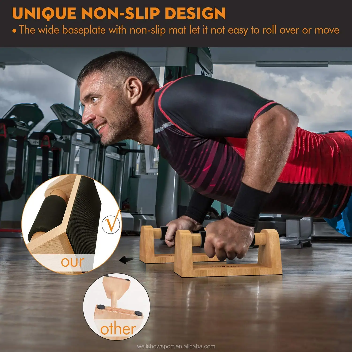 Wellshow Sport Wood Push Up Bars Parallettes With Non-slip Baseplate ...