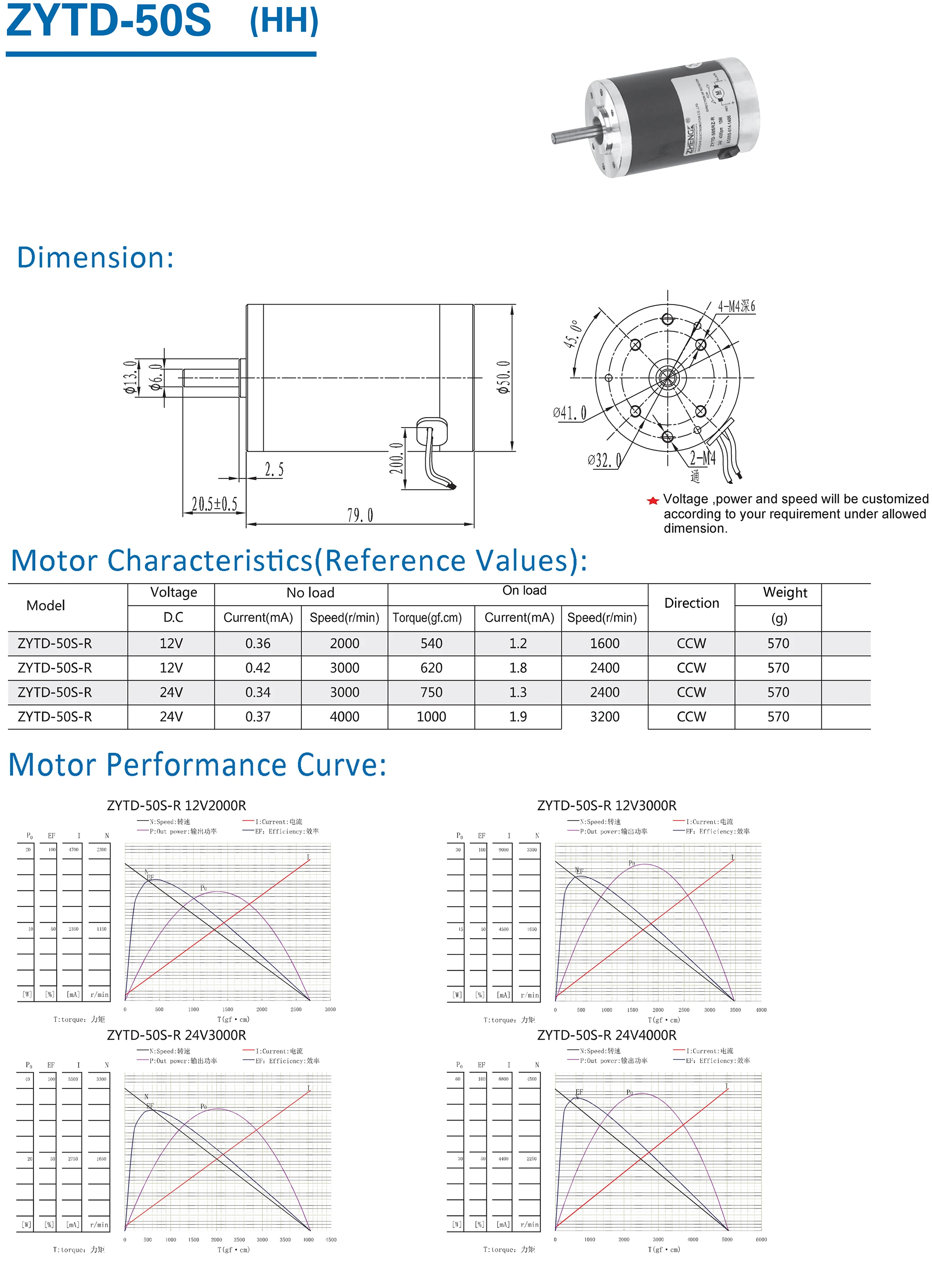 ZHENGKE ZYTD-50SRZ 50mm 12V DC Gear Motor - PMDC Brushed Motor for Boat ...