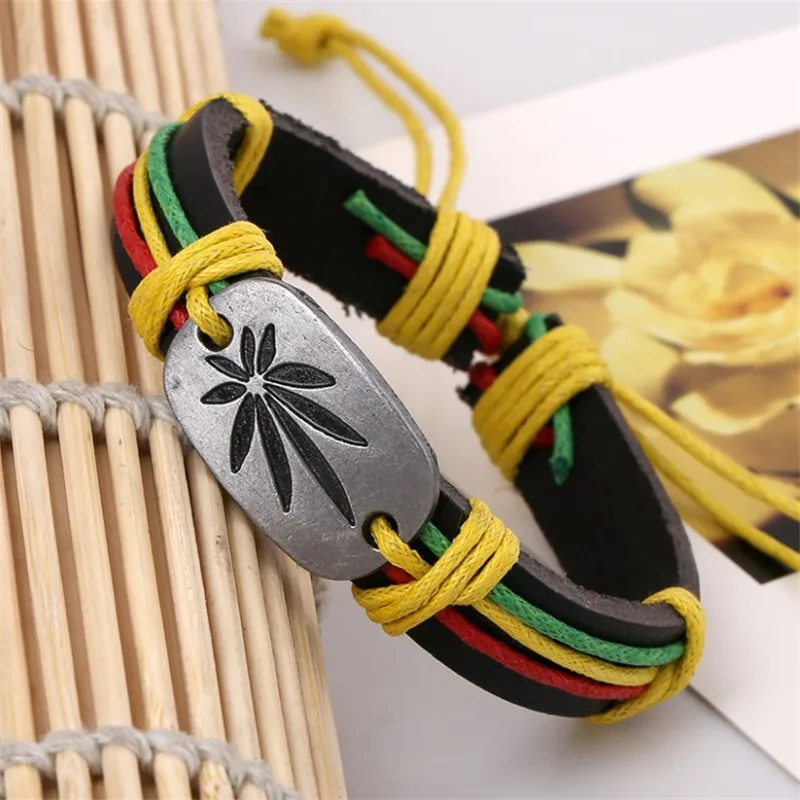 Jamaican Reggae Jewelry - Red Yellow Green Maple Leaf Bracelet