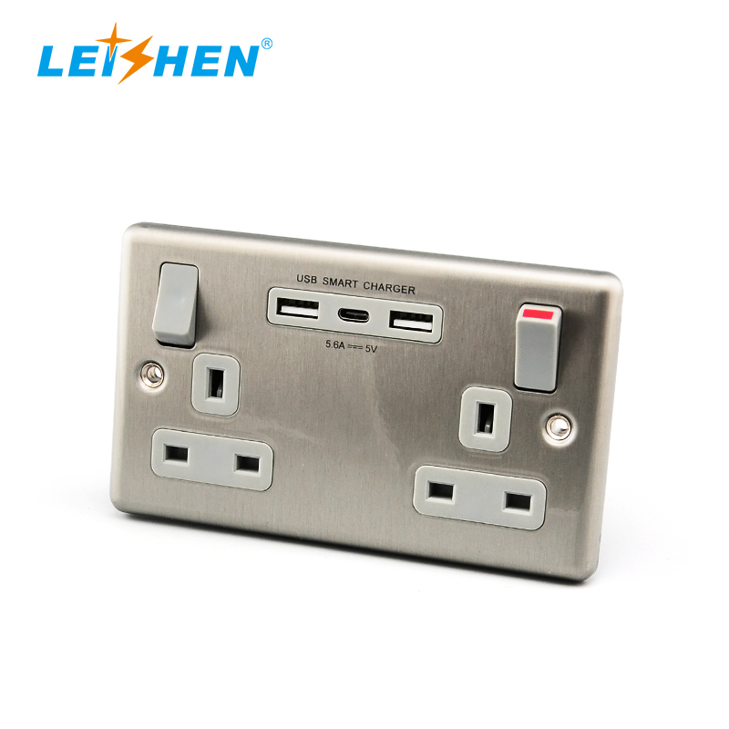 LEISHEN Metal Matte Grey Face Plate Double UK Plug Socket
