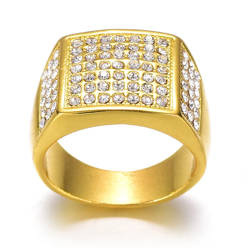 Hip Hop Gold Plated Rhinestone Men Ring Luxury Square Iced Out Full ...