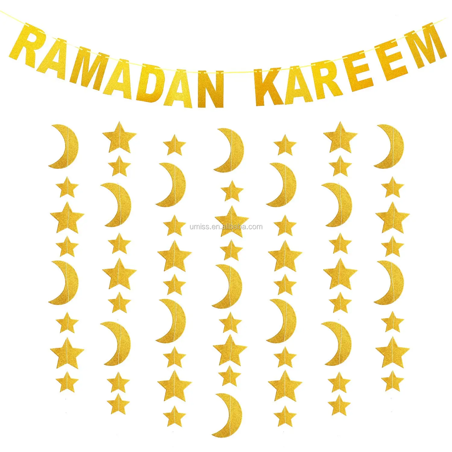 UMISS Gold Glitter Color Ramadan Kareem Banner Moon Stars Shape Hanging ...
