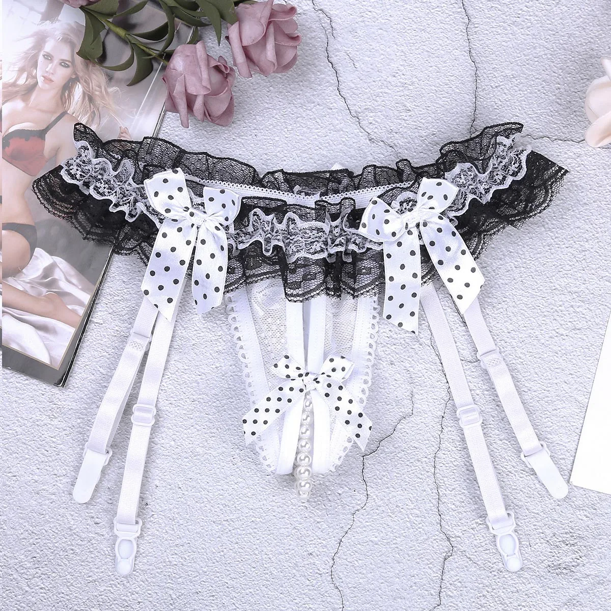 Women Crotchless Open Back Sexy Panties Ruffle Lace Bowknot Lingerie Low Rise G String Underwear