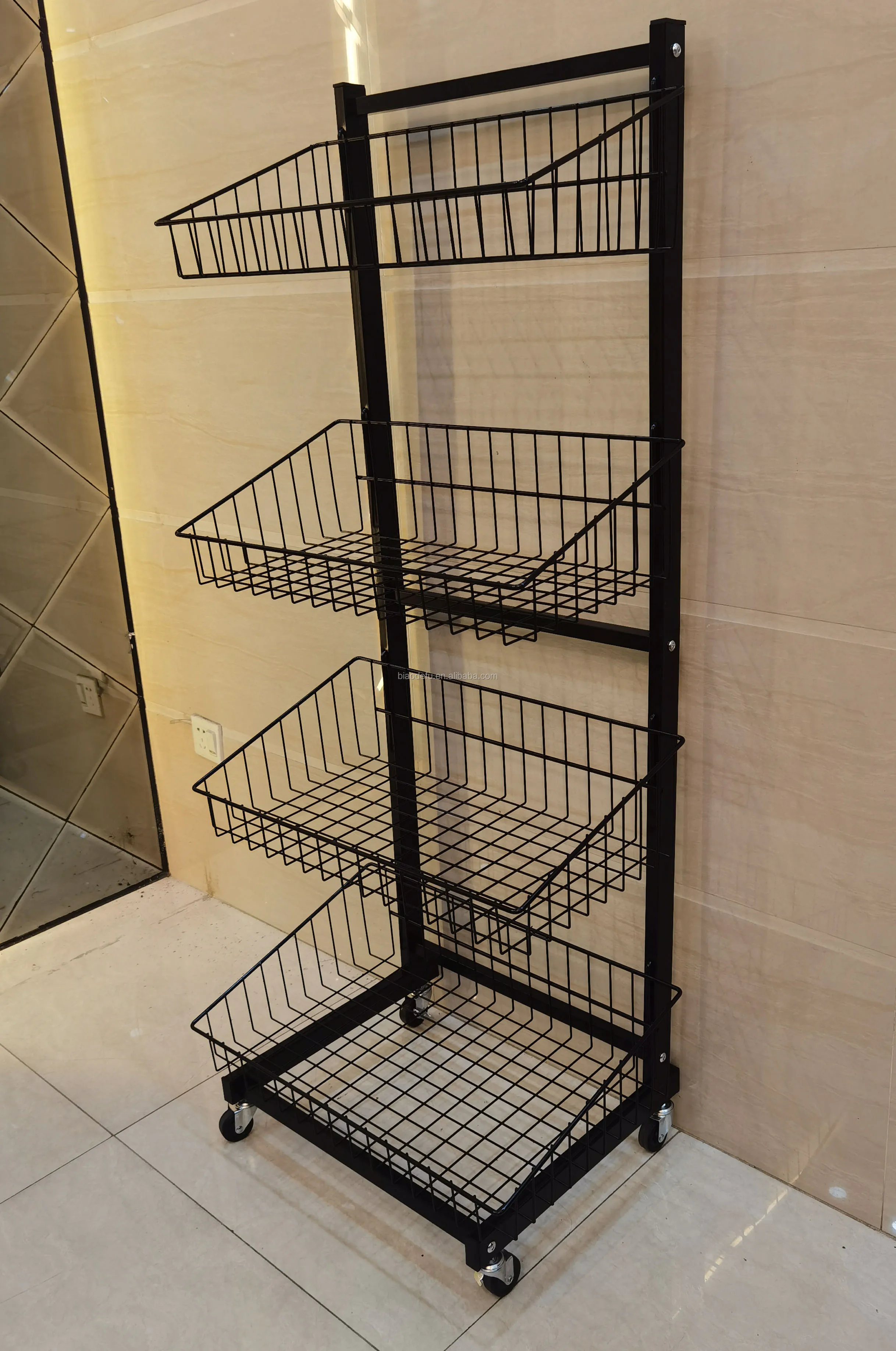 4-tier Sloping Wire Basket Shelf Black Standing Storage Baskets Rack ...