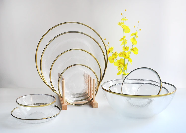 Clear Gold Rim Dinner Plate And Fruit Salad Bowl Glass Dinnerware Sets ...