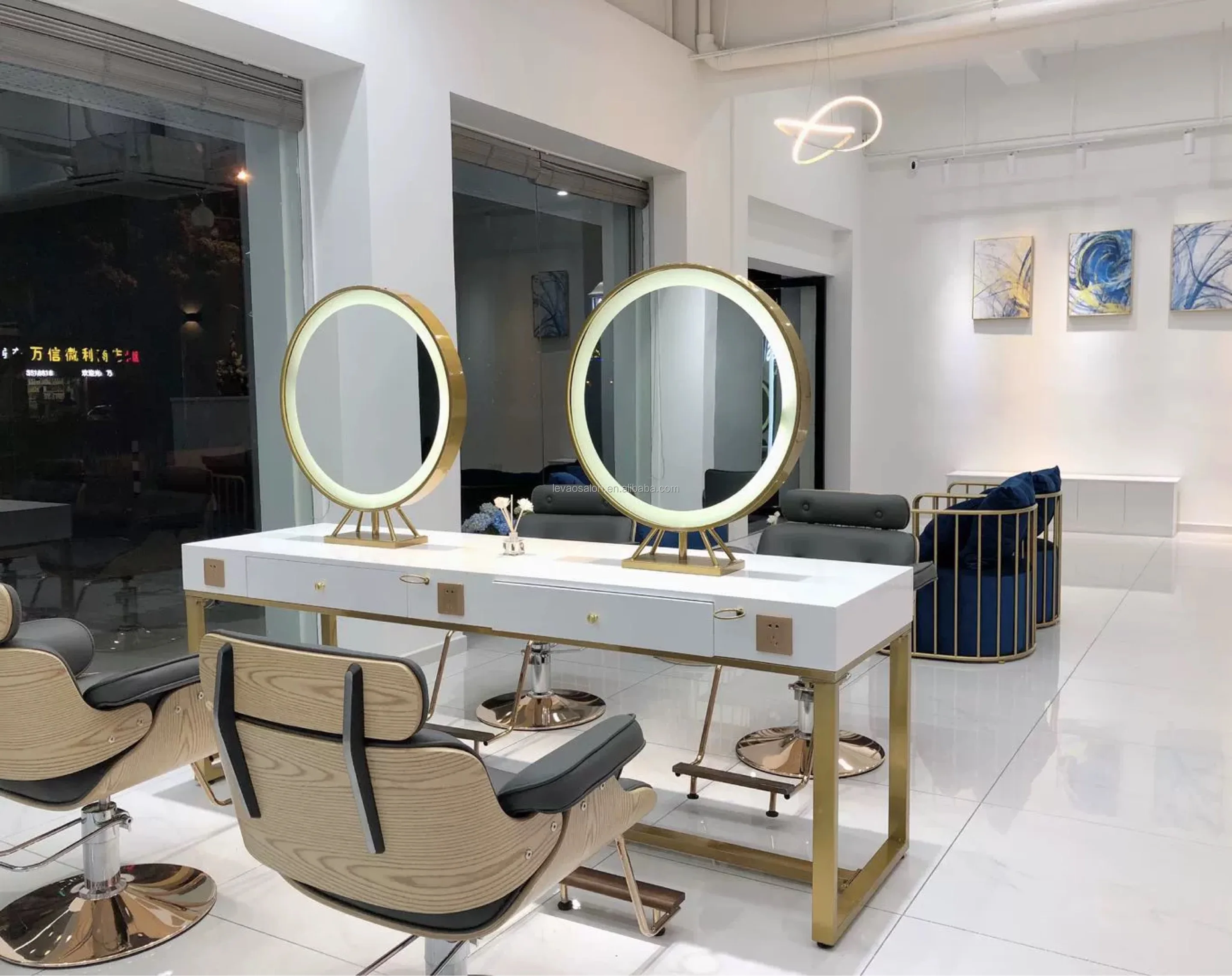 Round Salon Mirror Hair Styling Station and Mirror Table With Led ...