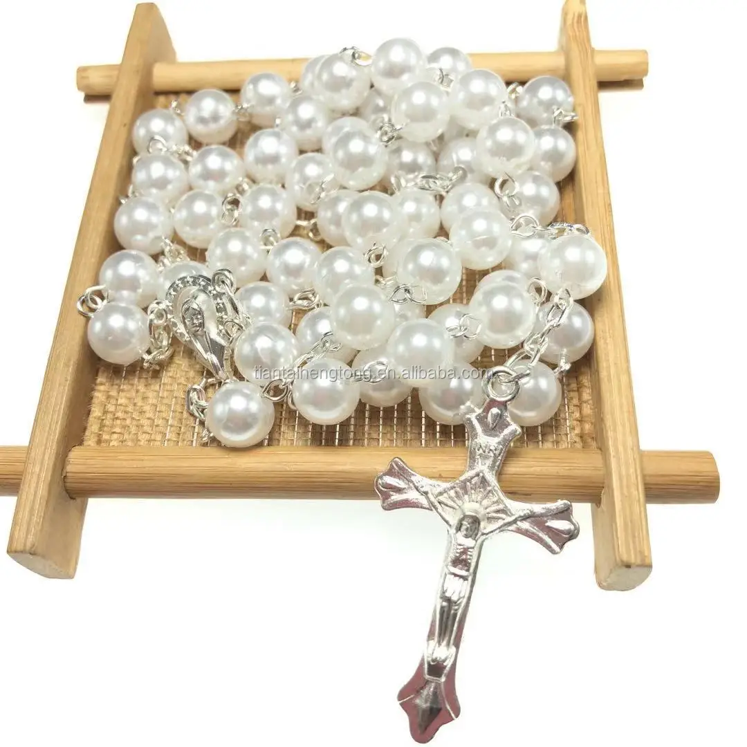 8mm Bead White Plastic Pearl Rosary - Catholic Rosary Necklace