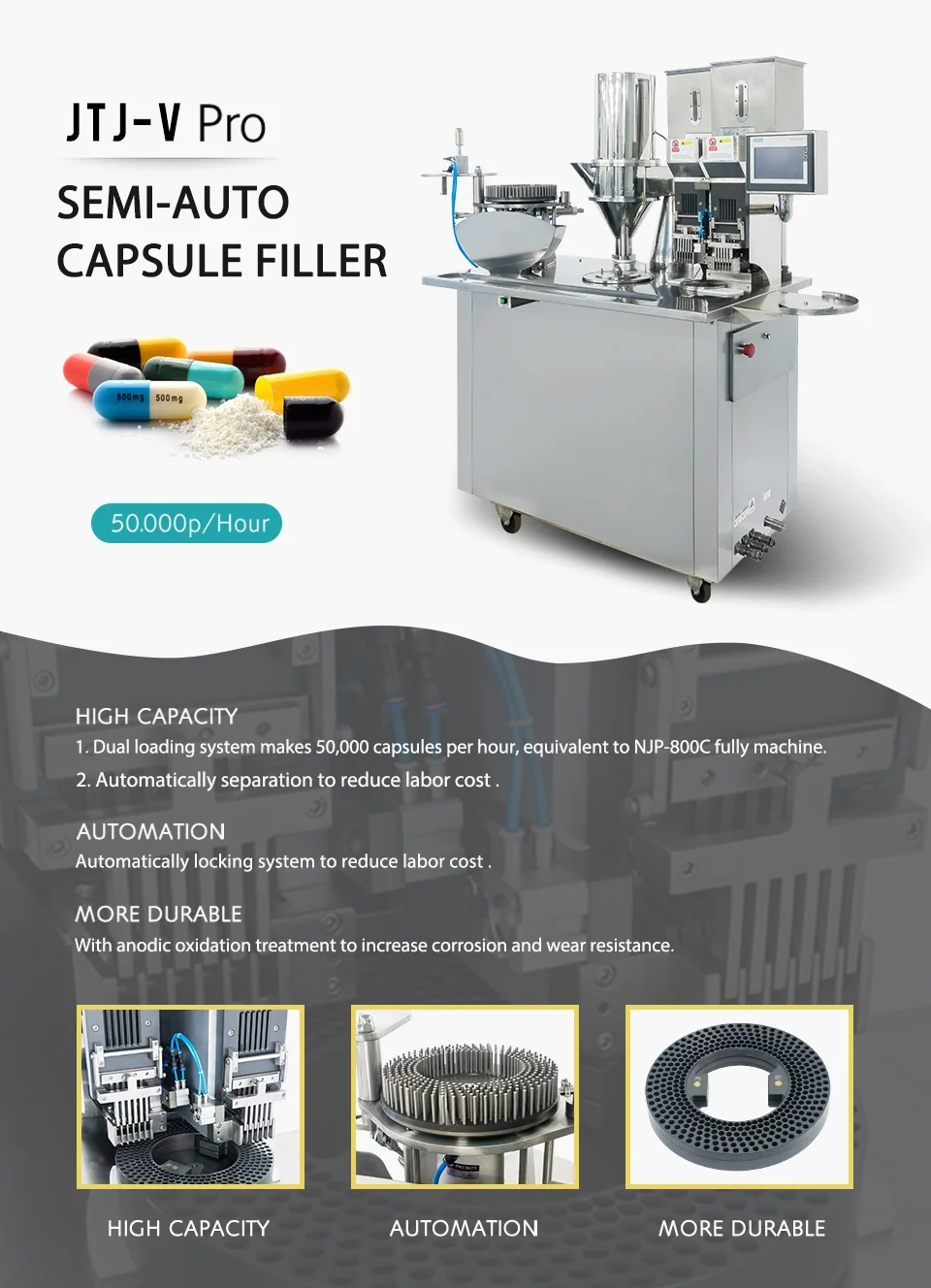 50,000 Pcs/hour Jtj-v Pro Dual Loader Semi Automatic Capsules Filling ...