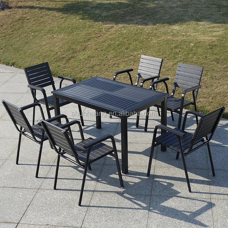 Modern Black Plastic Wood 6 Seater Dining Set 7 Pcs Long Table Set ...