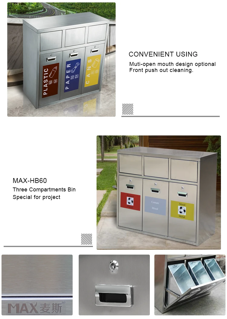 Max Outdoor 3 Compartment Recycling Litter Bin - Stainless Steel Trash Can